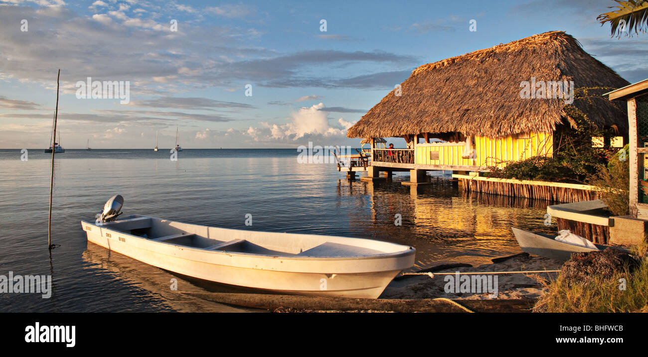 bar in a thatched roof shack in the water on a beach in Placencia ...