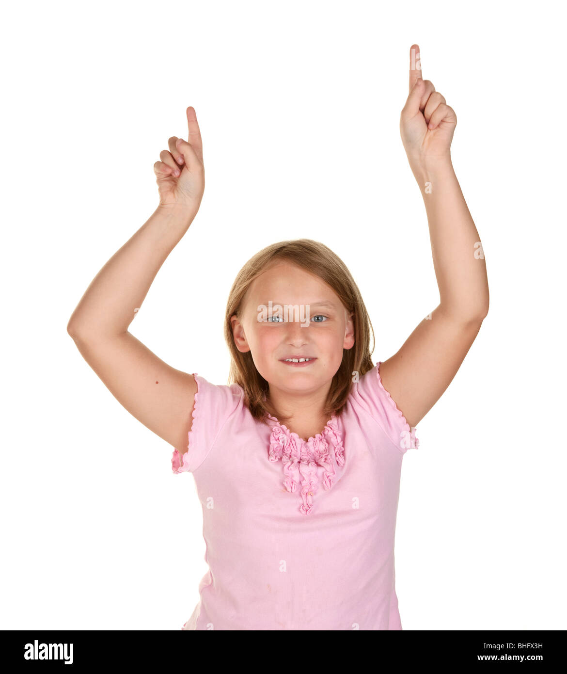 young girl doing the winners dance isolated on white Stock Photo - Alamy
