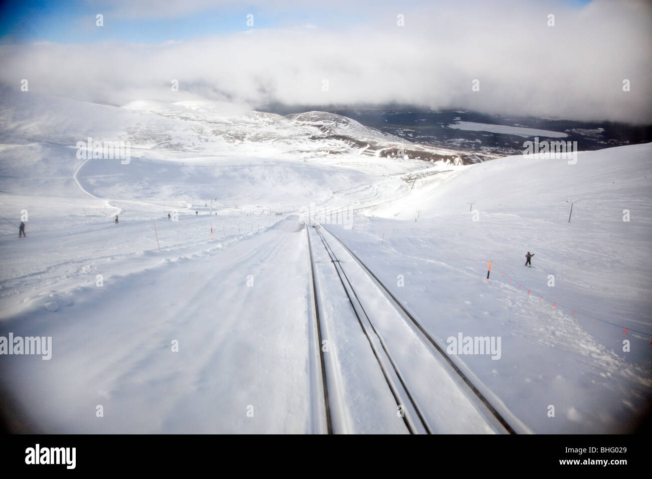 A view along the tracks of the Funicular railway at Aviemore in the ...