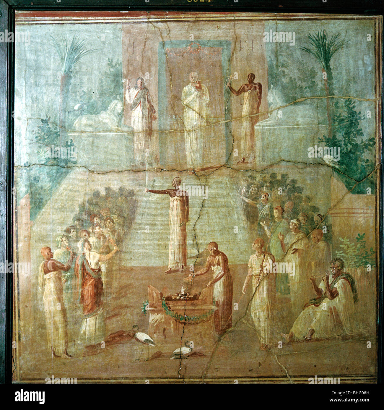 Roman wallpainting showing priests of Isis performing their ceremony ...