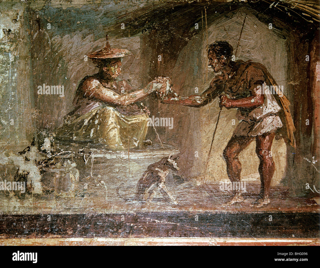 Roman wallpainting of a traveller and a water-seller, Pompeii, Italy ...