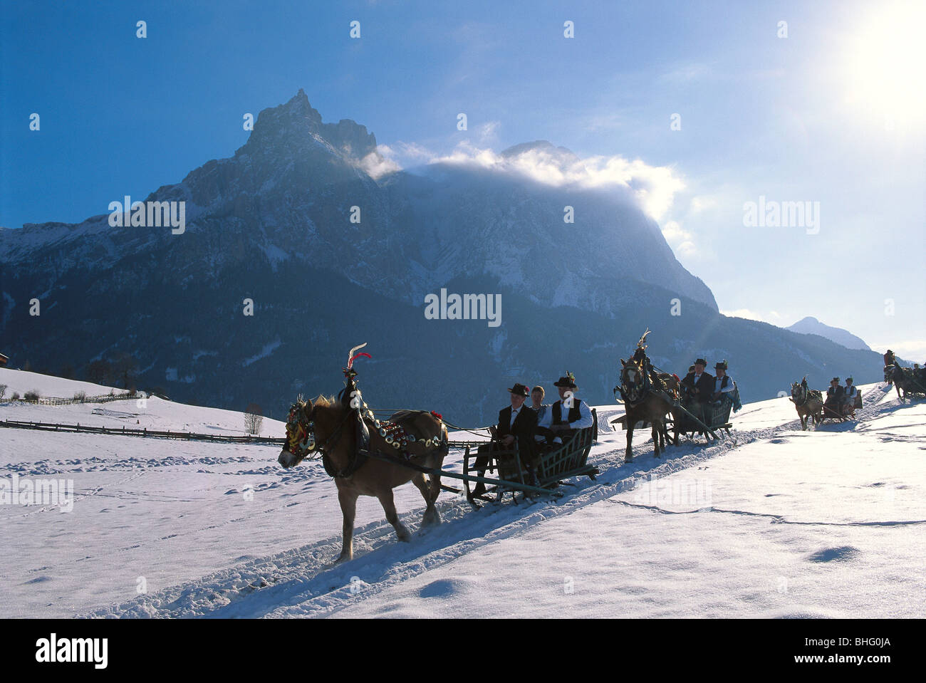 People wearing traditional costumes driving in sleighs through sunlit ...