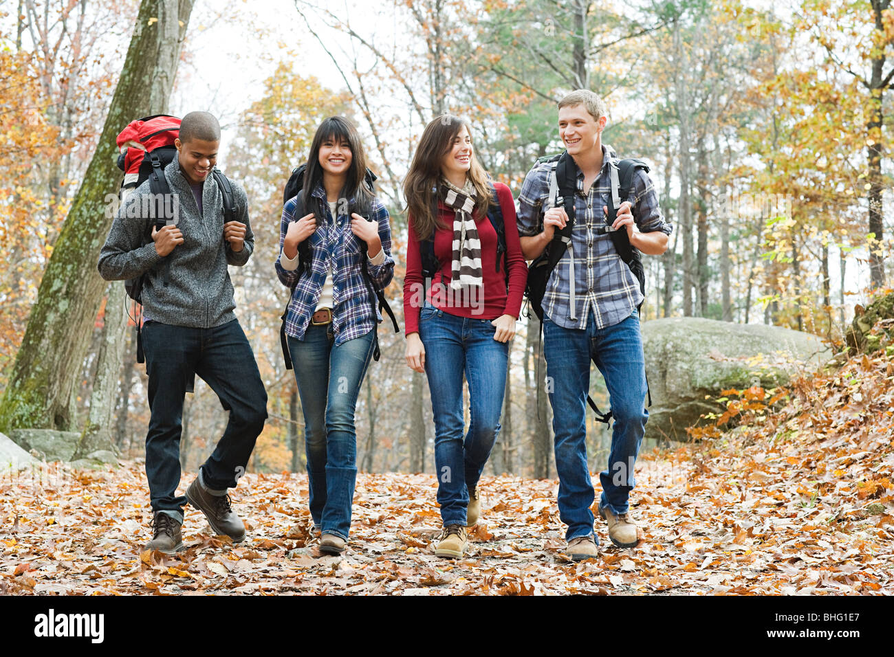 Young people hiking through forest Stock Photo - Alamy