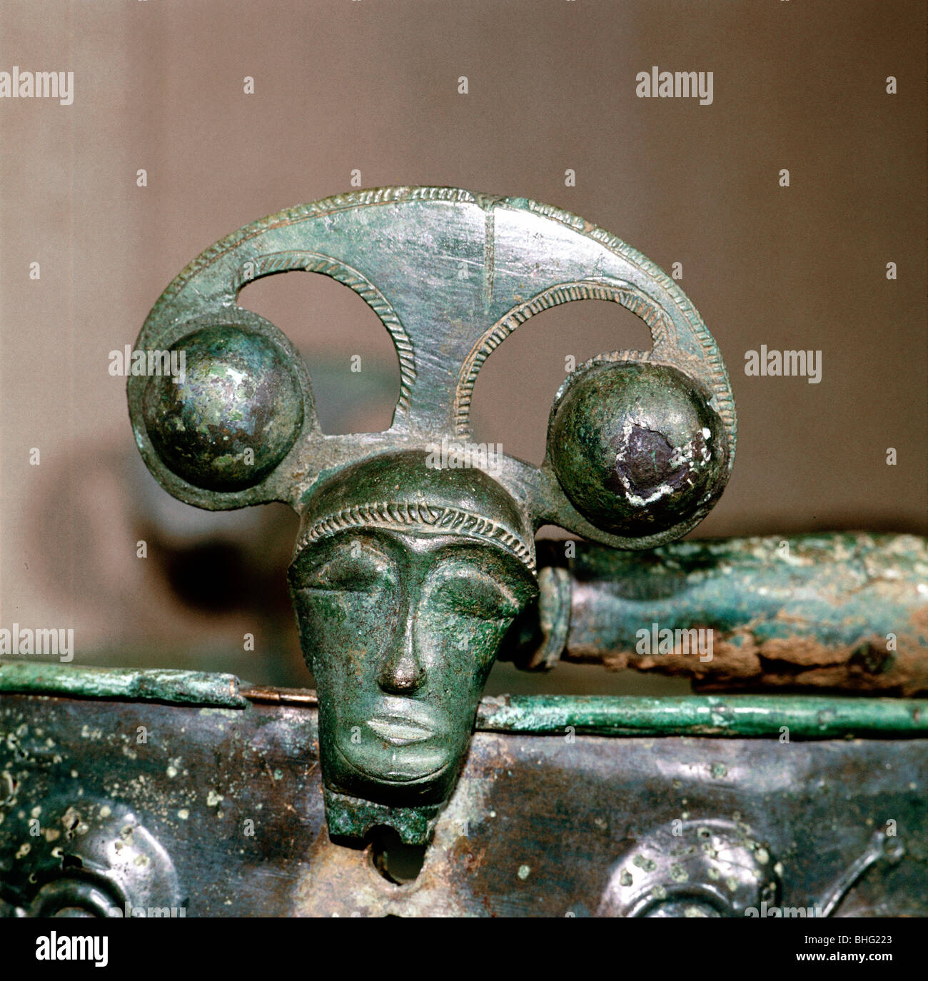 Celtic bronze head on bucket, Aylesford, Kent, England, c1st century BC ...