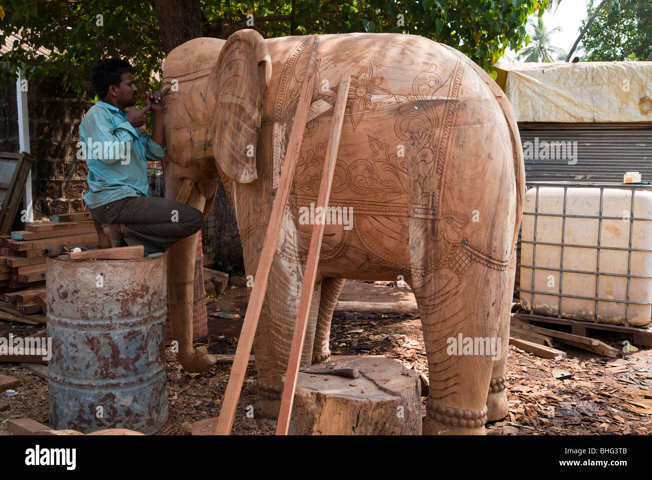 large hand-carved wooden elephant Stock Photo - Alamy