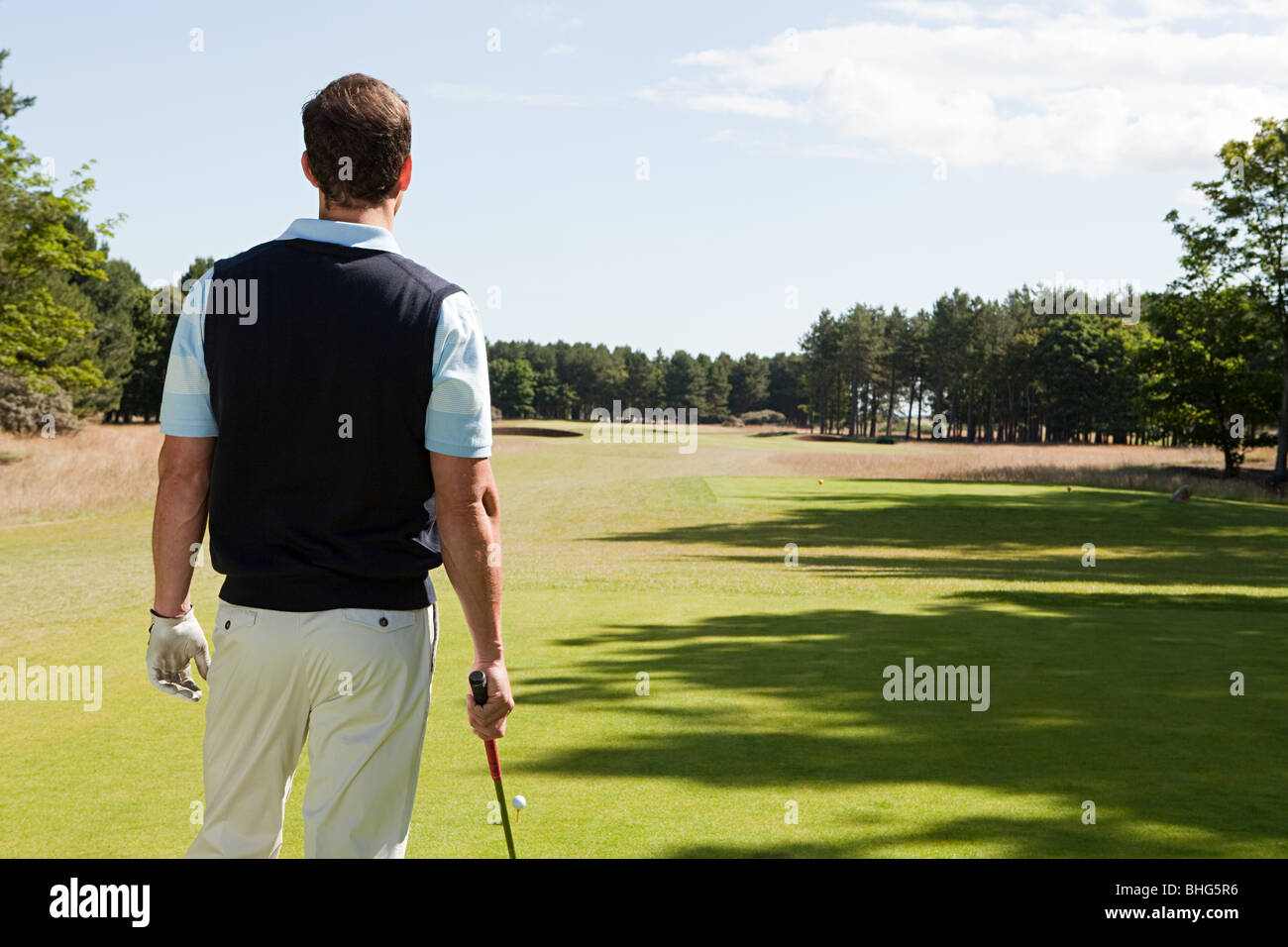 Rear view of a male golfer on the fairway Stock Photo - Alamy