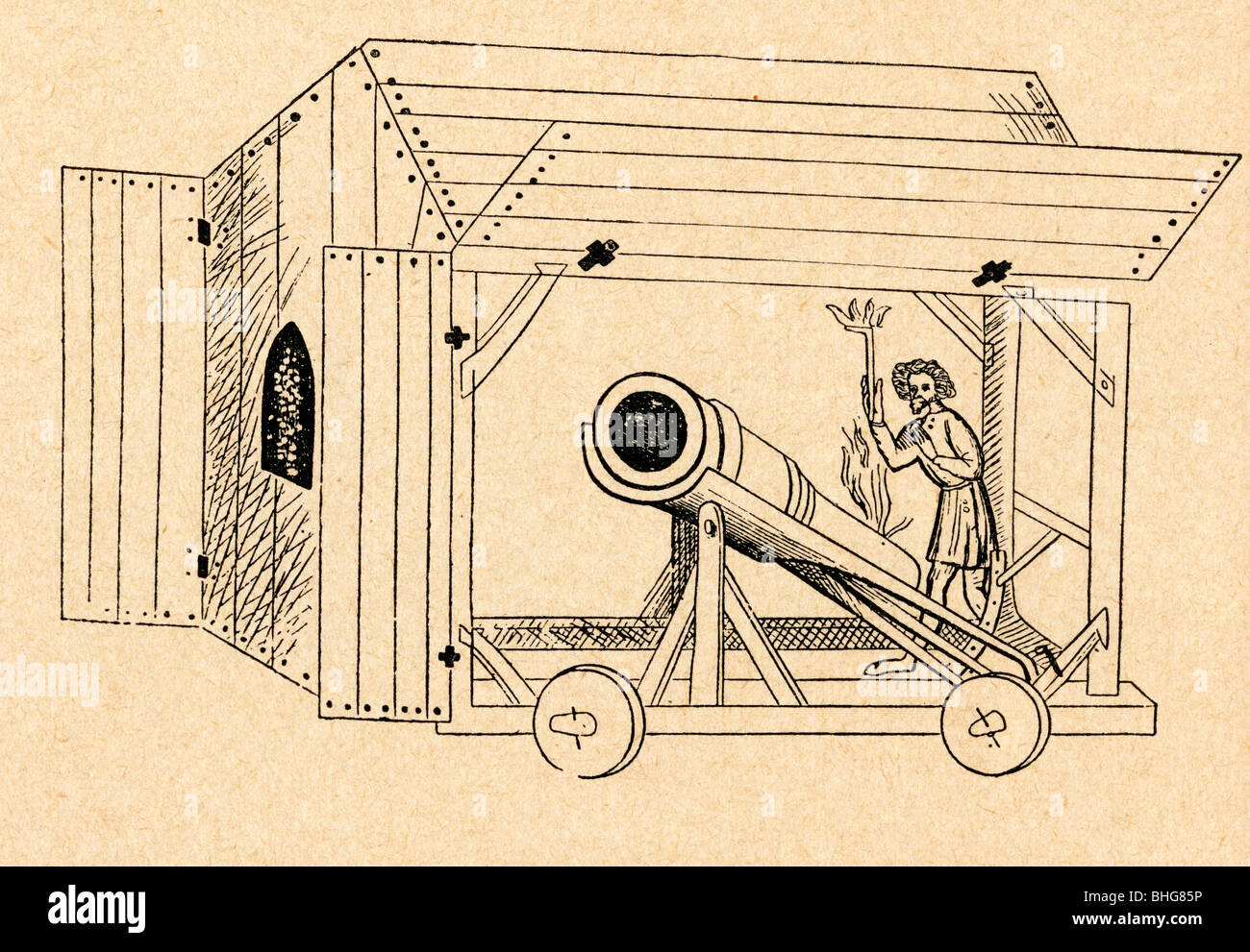 A medieval mobile cannon being fired from a portable shed Stock Photo ...