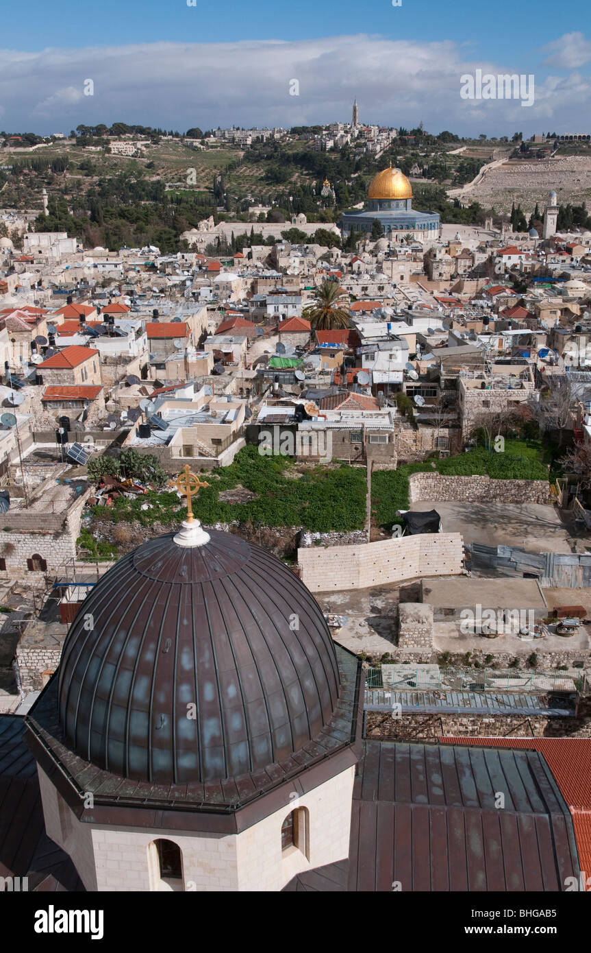 view from above of Jerusalem old city with dome of the rock and mount ...