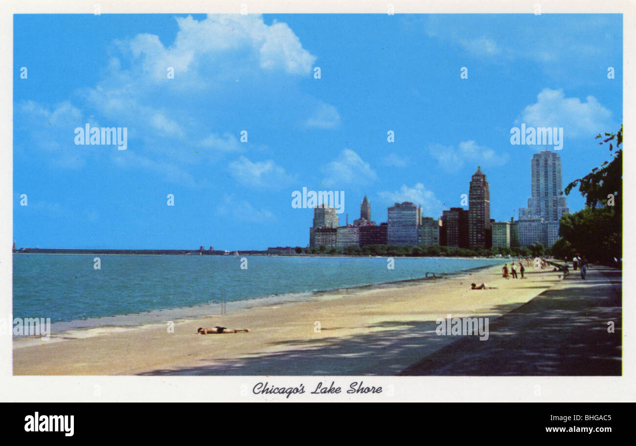 Chicago and the shore of Lake Michigan, Illinois, USA, 1954. Artist ...