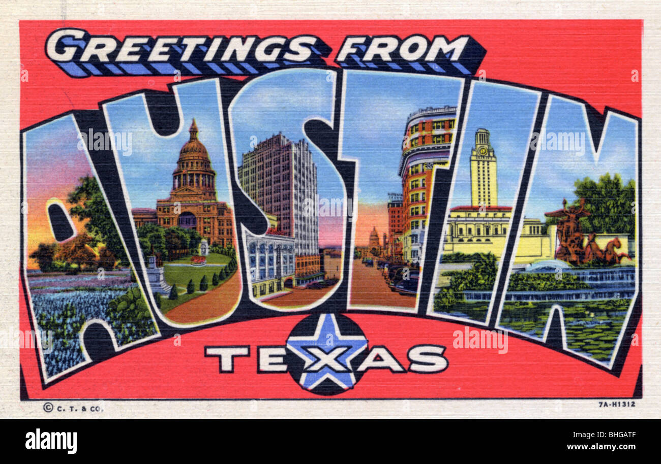 'Greetings from Austin, Texas', postcard, 1937. Artist: Unknown Stock ...