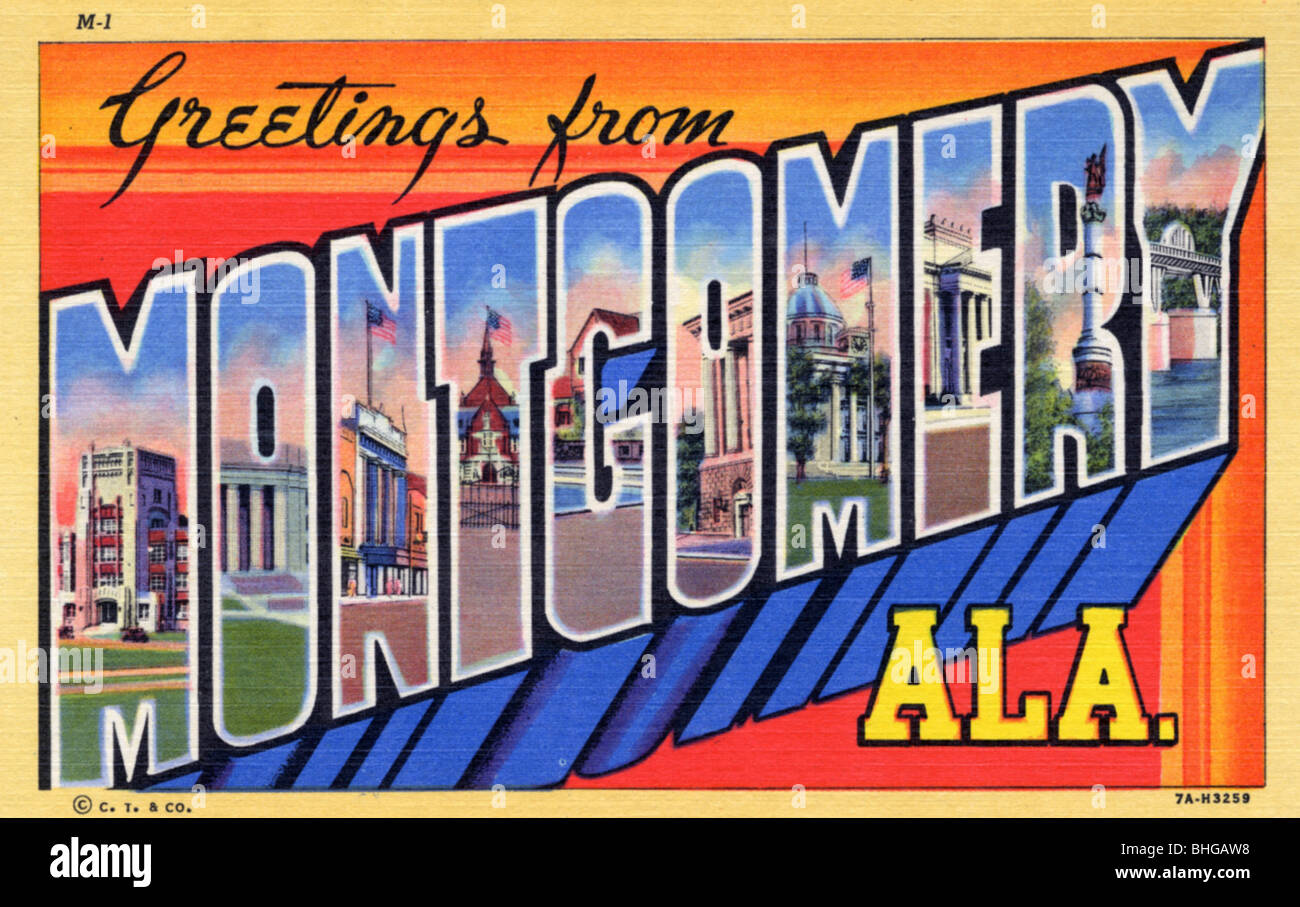 'Greetings from Montgomery, Alabama', postcard, 1937. Artist: Unknown ...