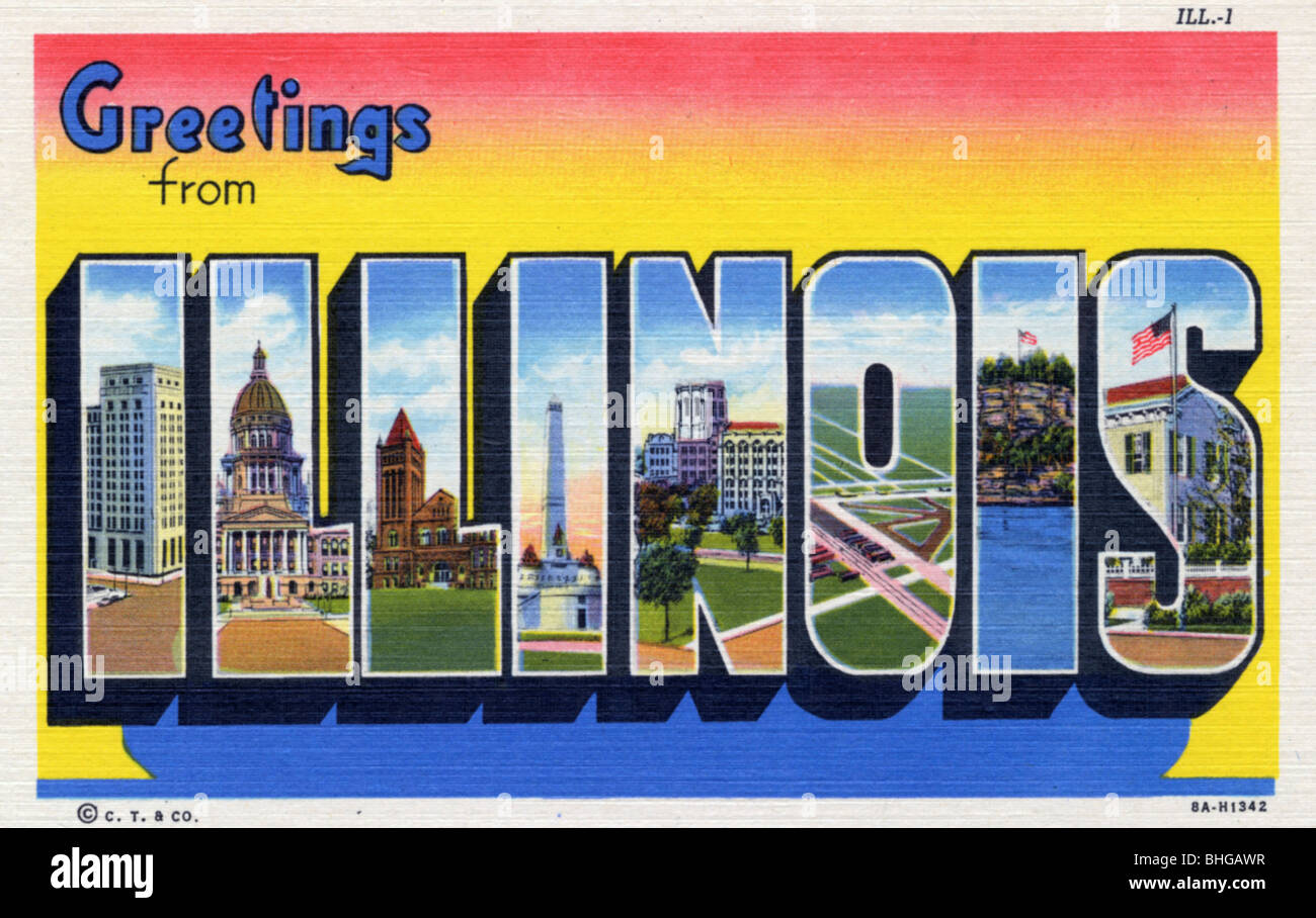 'Greetings from Illinois', postcard, 1938. Artist: Unknown Stock Photo ...