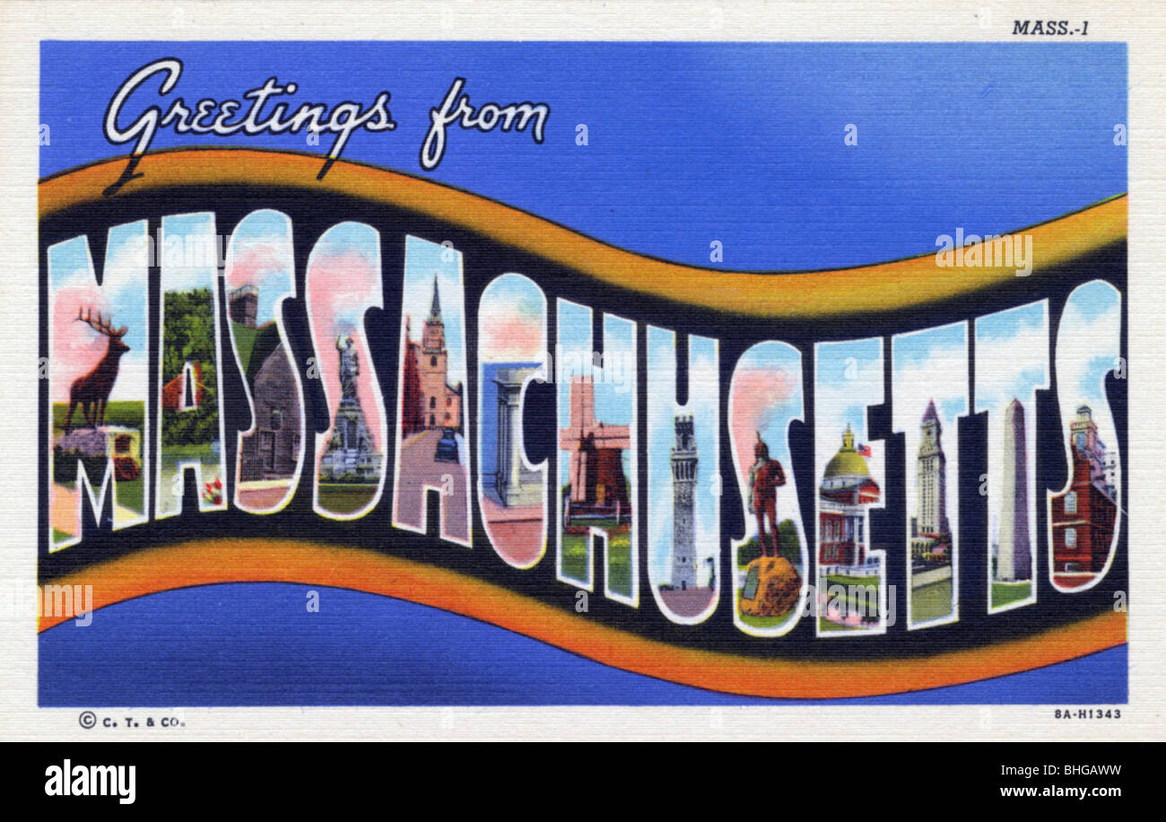 'Greetings from Massachusetts', postcard, 1938. Artist: Unknown Stock ...