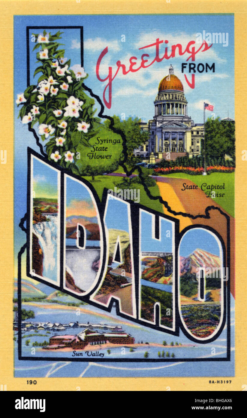 'Greetings from Idaho', postcard, 1938. Artist: Unknown Stock Photo - Alamy