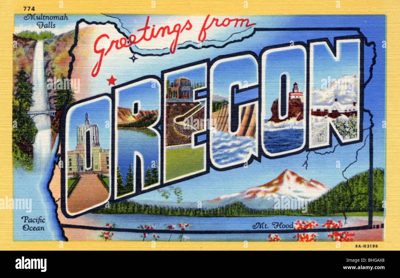 'Greetings from Oregon', postcard, 1938. Artist: Unknown Stock Photo ...