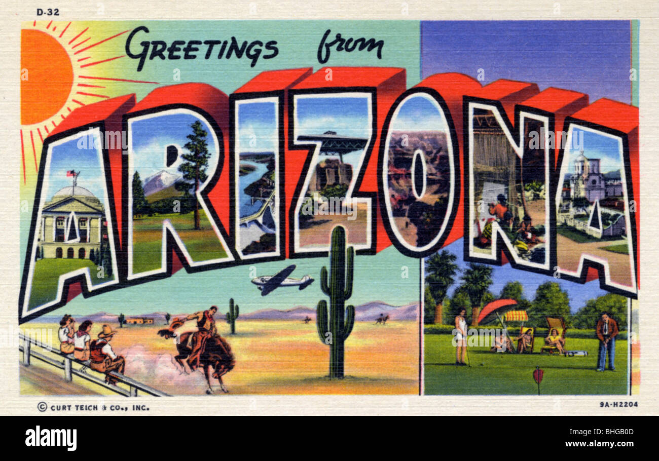 'Greetings from Arizona', postcard, 1939. Artist: Unknown Stock Photo ...