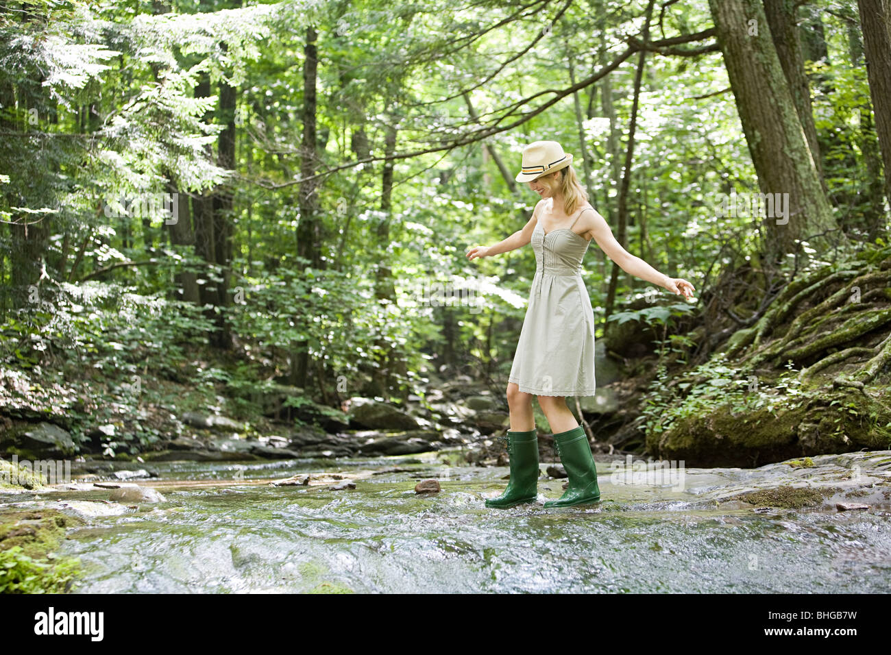 Woman walking in river Stock Photo - Alamy