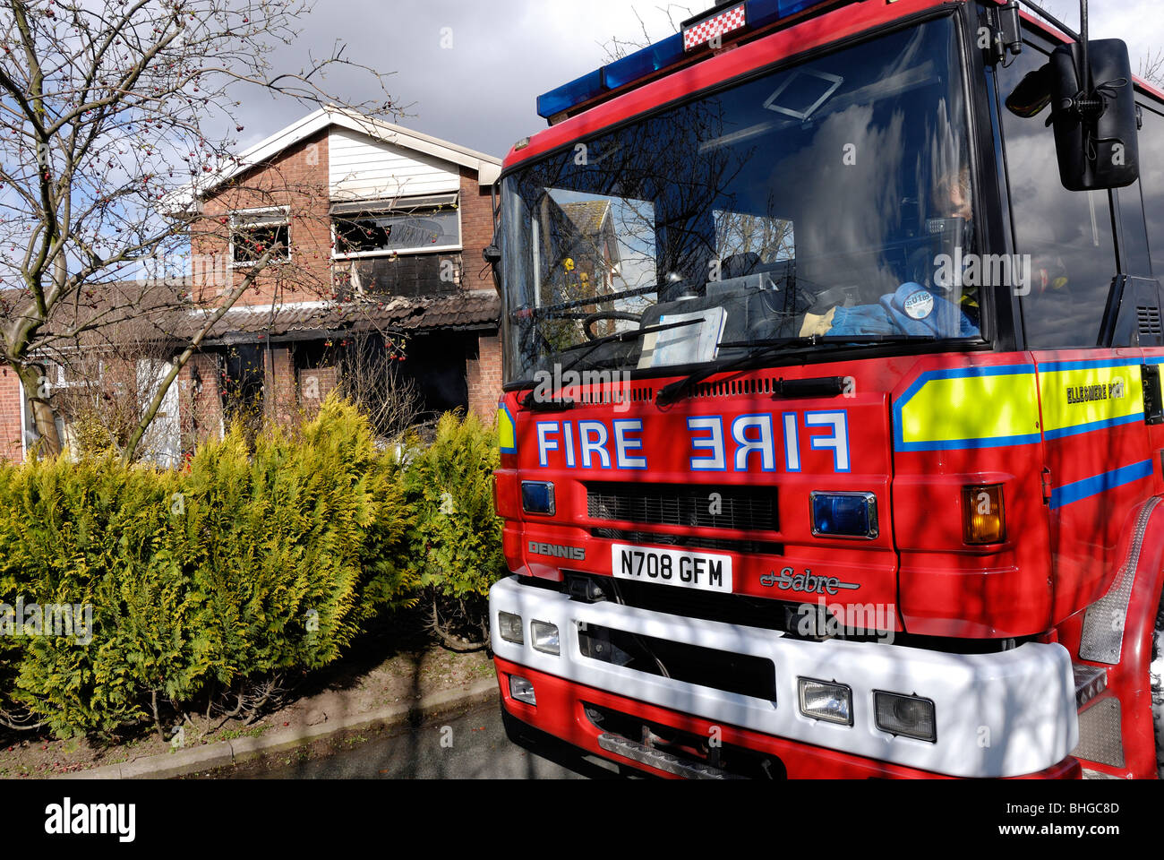 fire engine outside of house bedroom fire Stock Photo - Alamy