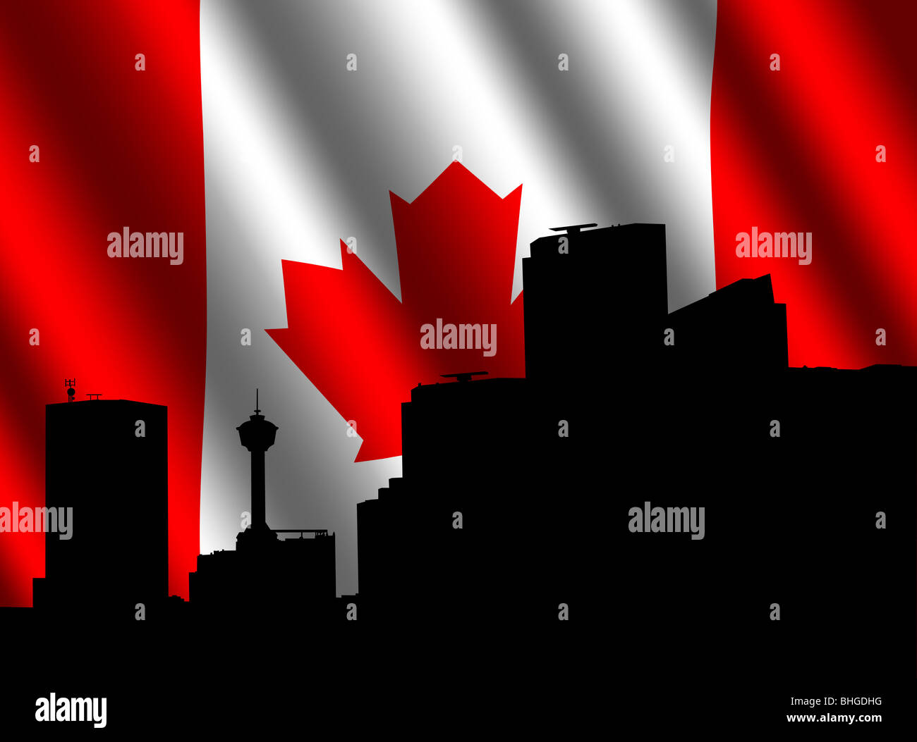 Calgary skyline with rippled Canadian Flag illustration Stock Photo - Alamy