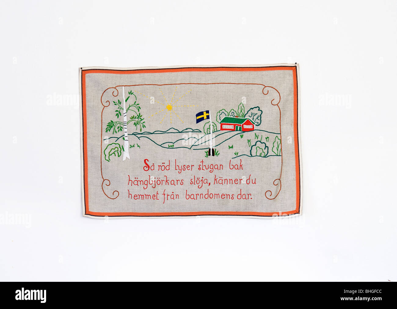 Embroidered message on a wall hanging, Sweden Stock Photo - Alamy