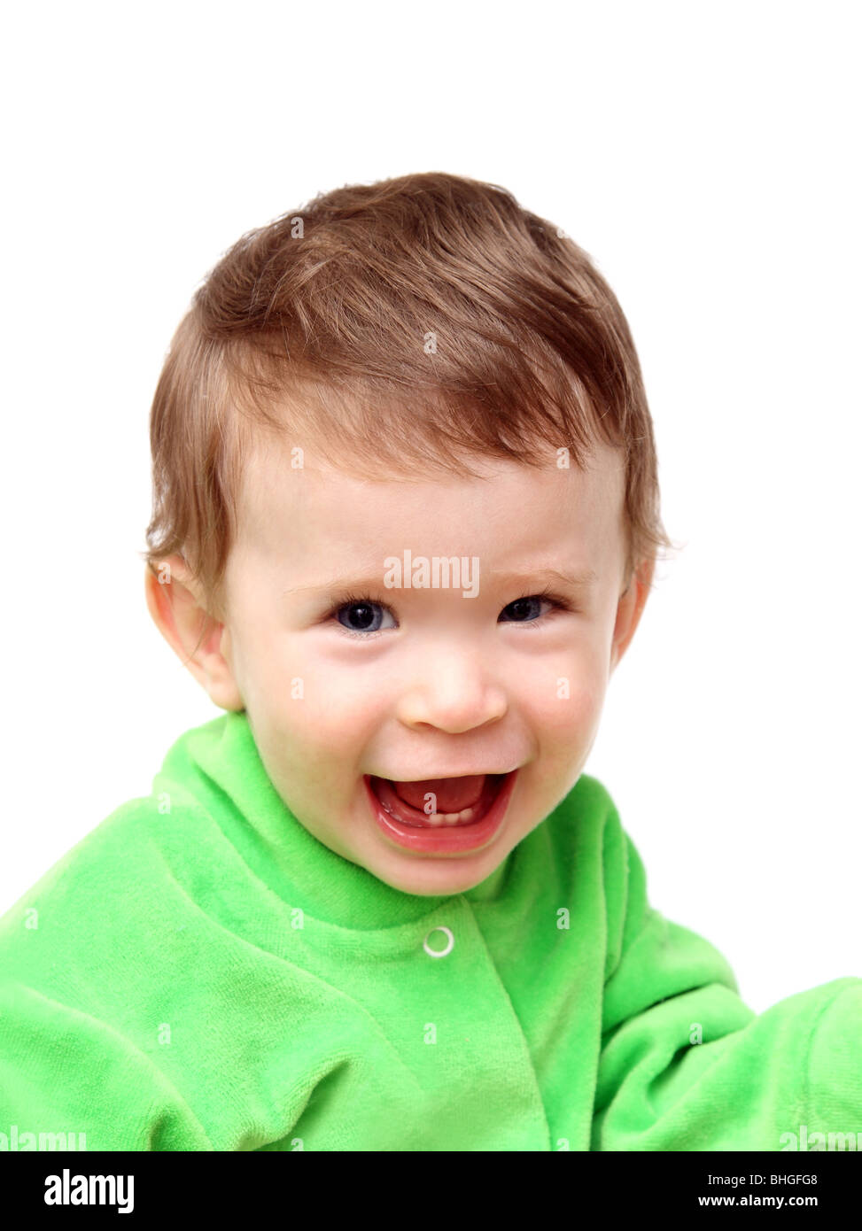 happy laughing baby in green isolated on white Stock Photo - Alamy