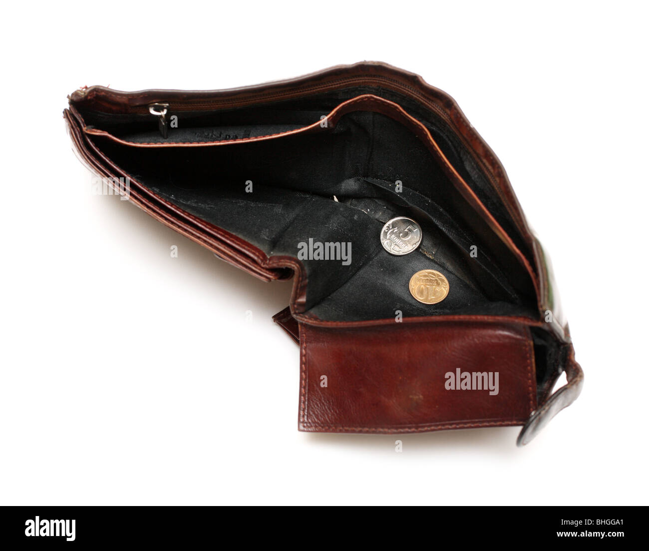 battered empty purse with two coins isolated on white Stock Photo - Alamy