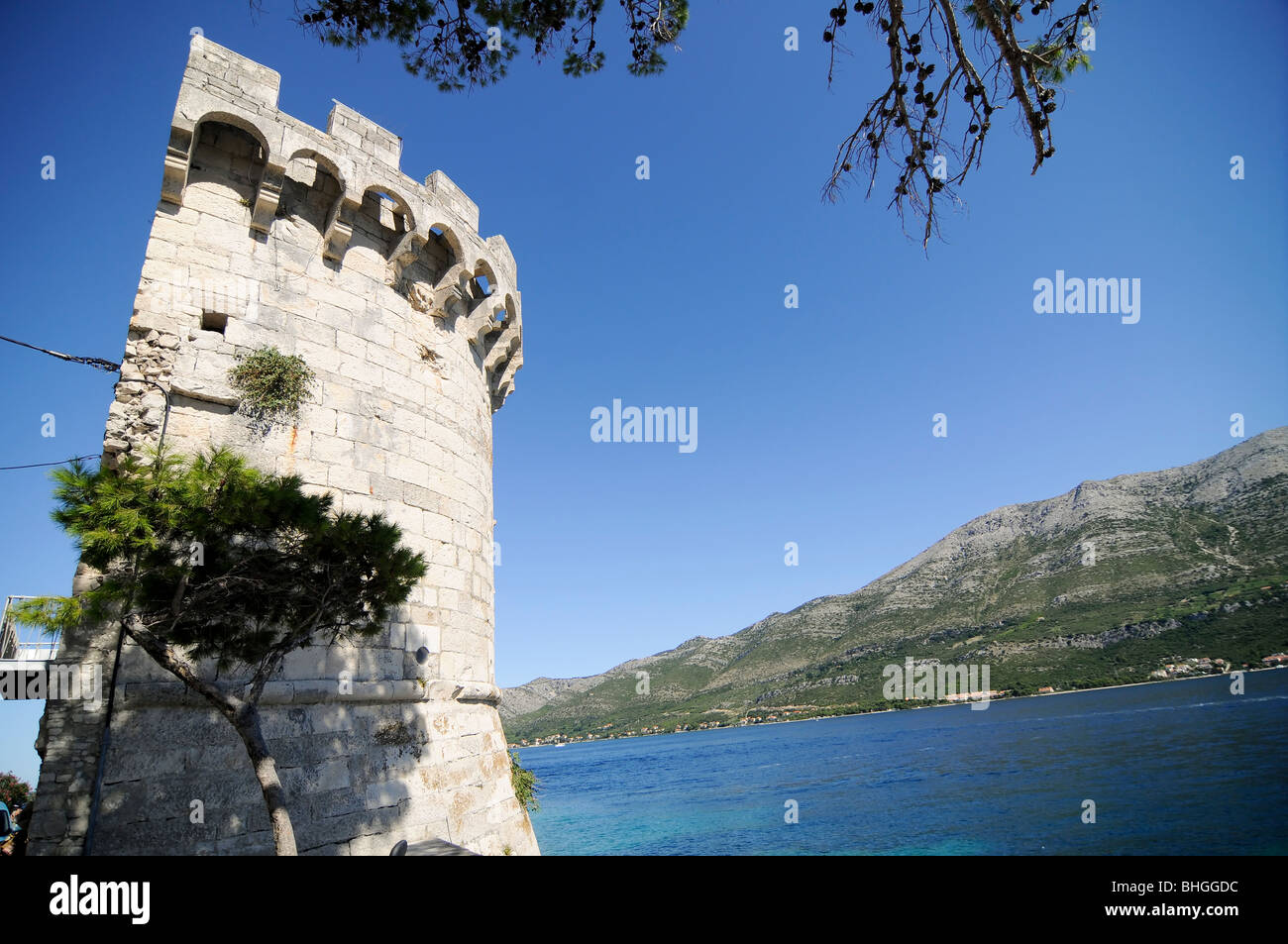 A view of the Adriatic Sea and a medieval fort, from Korčula Island ...