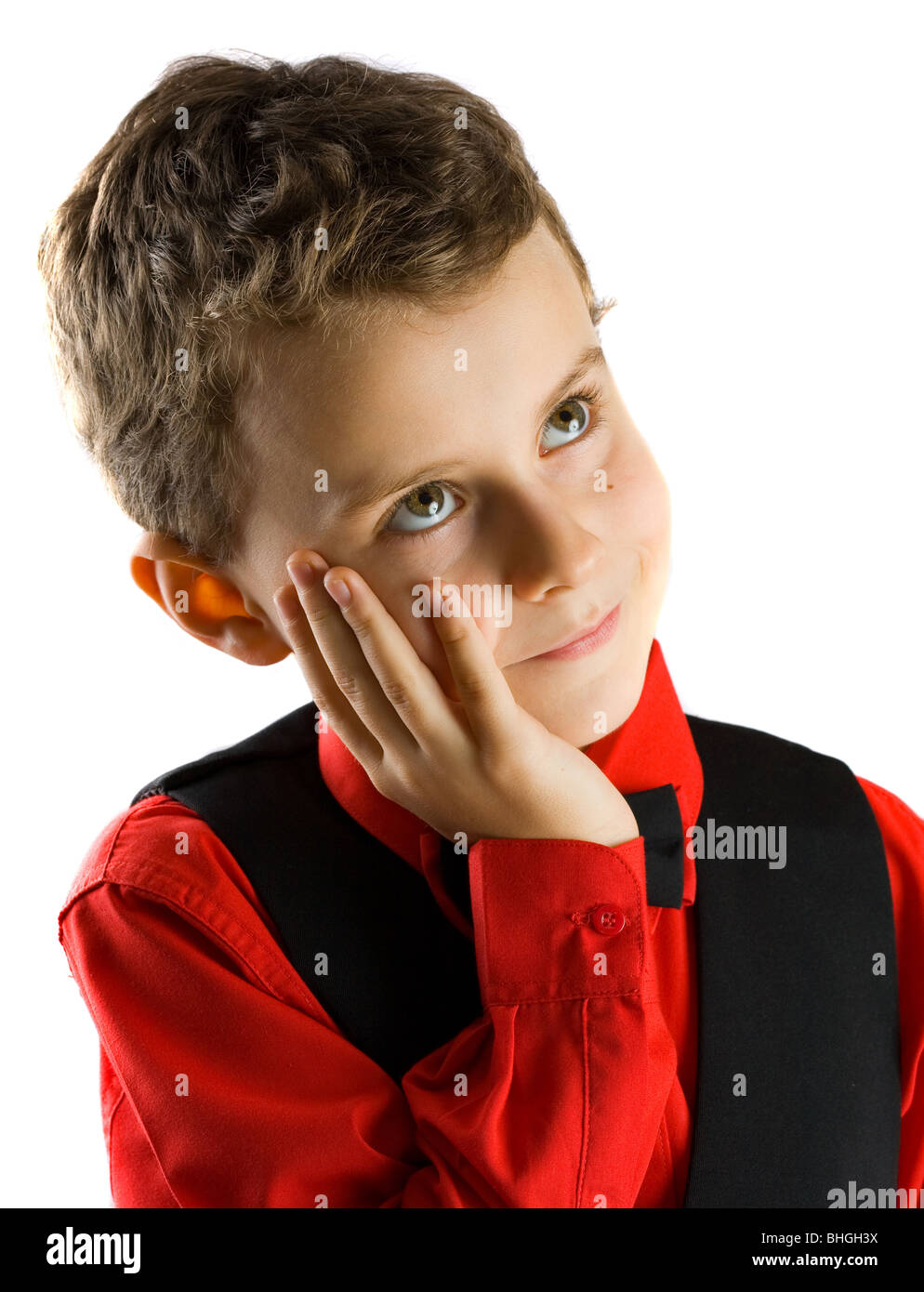 Close up portrait of a cute kid thinking, isolated on white background ...