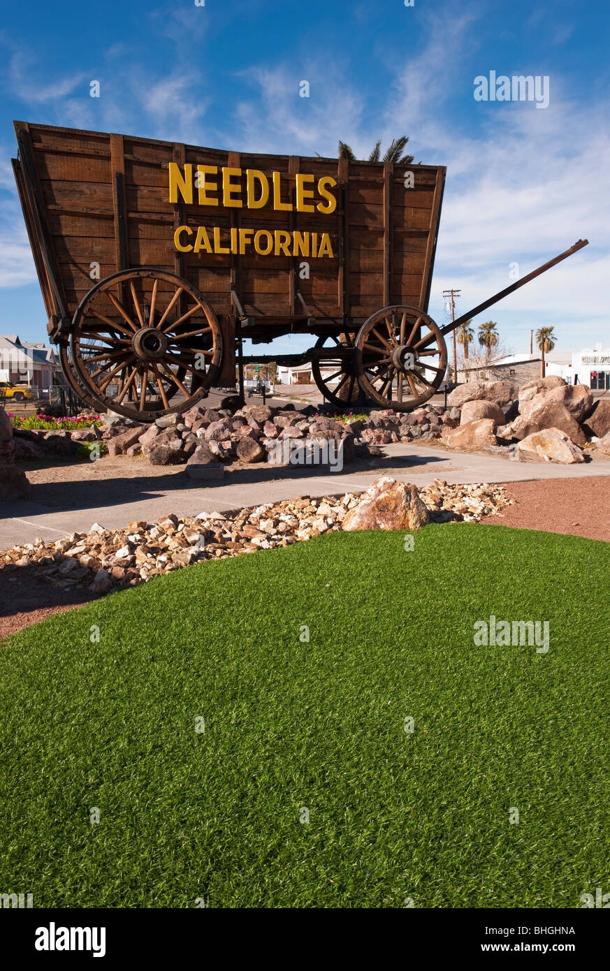 Needles, California - An antique wagon serves as the sign welcoming ...