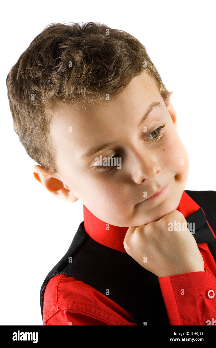 Close up portrait of a cute kid thinking, isolated on white background ...