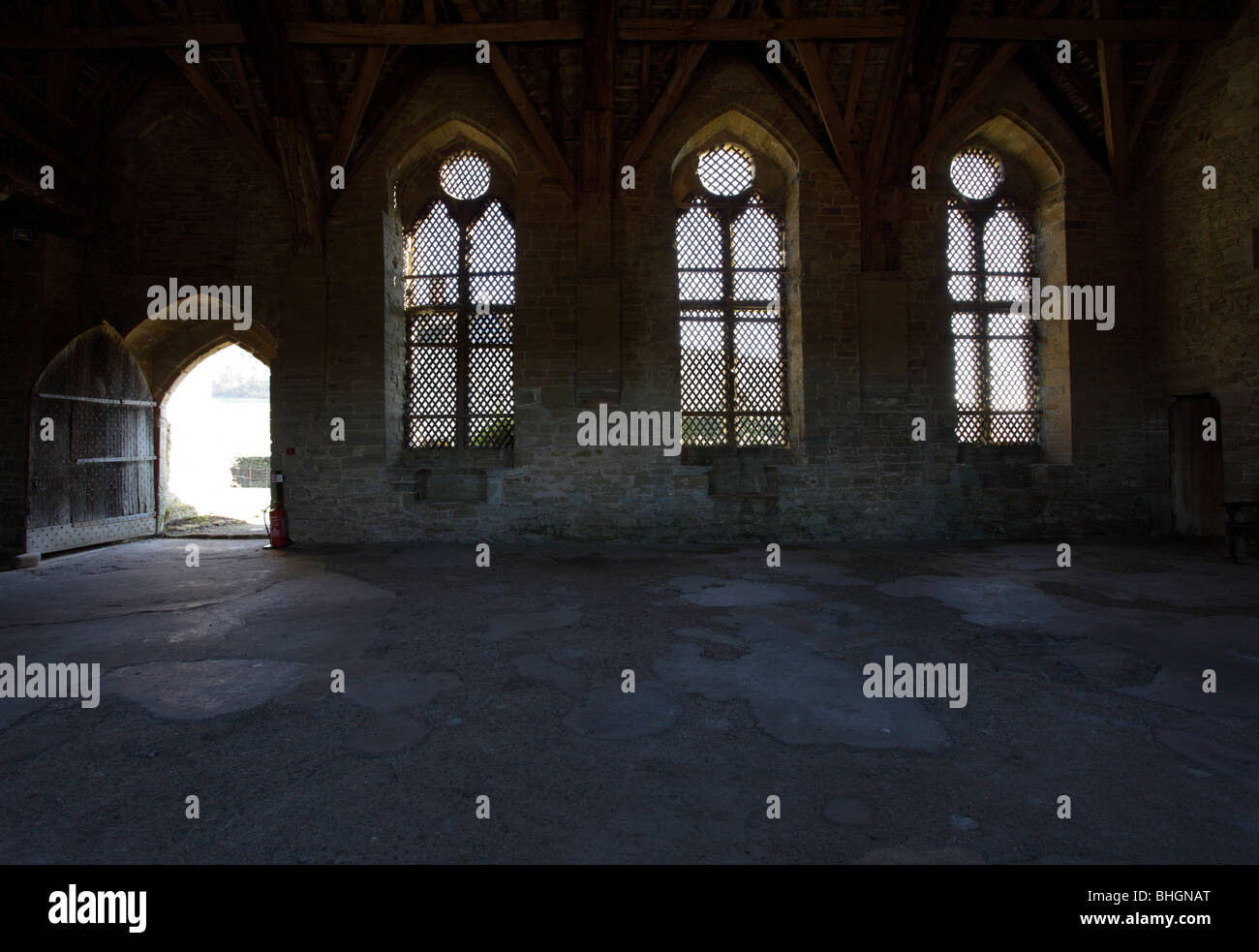 Main door and latticed shuttered windows of the open-hearthed great ...