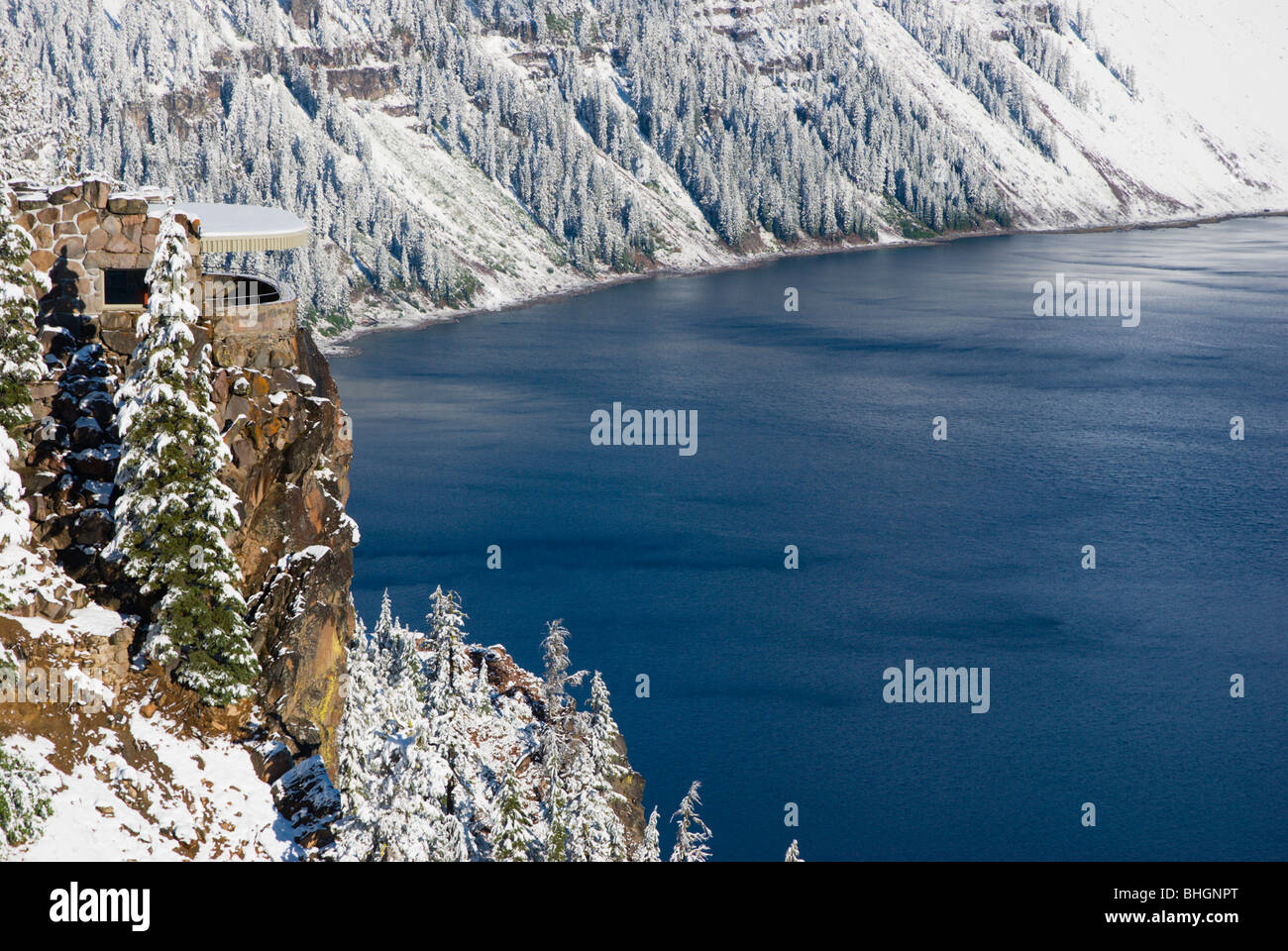 The Sinnott Memorial Overlook and Crater Lake in winter (Deepest lake ...