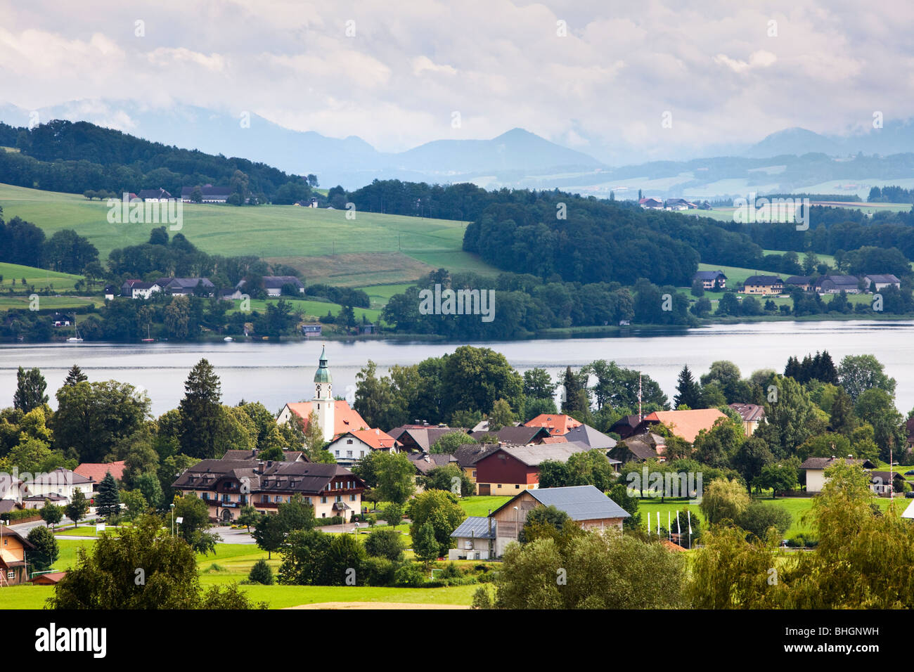 Austrian town of Seeham and Lake Obertrumer See in the Austrian Lake ...