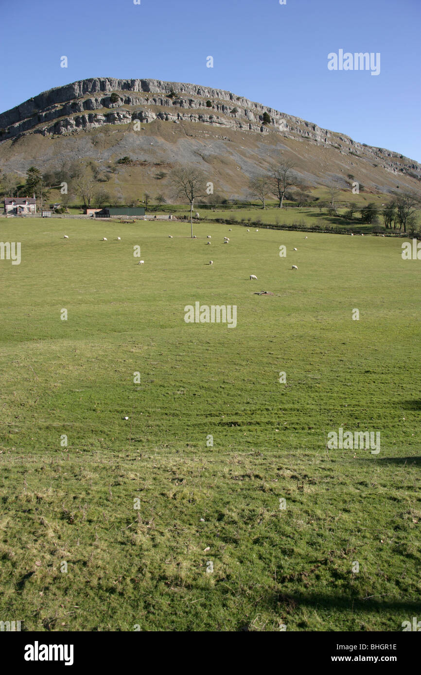 The limestone escarpment of Eglwyseg Rocks viewed from Eglwyseg Valley ...