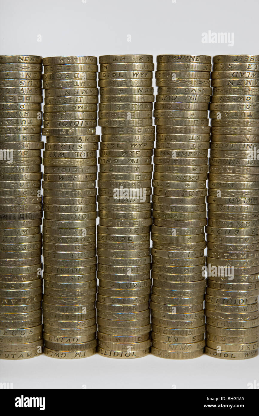 five stacks of UK one pound coins - this is a photo using old £1 coins ...