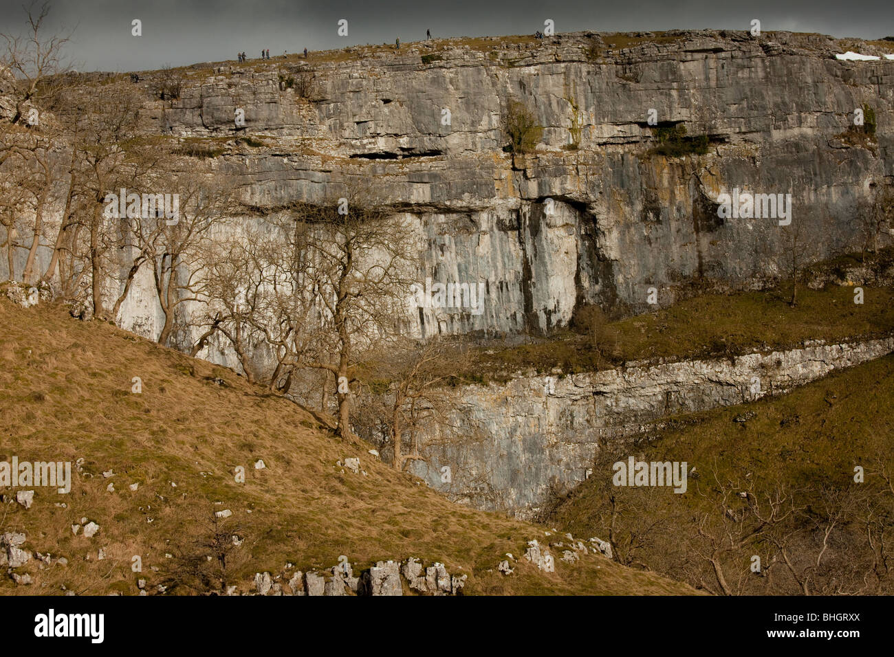 Limestone cliffs at Malham Cove; formed by waterfall in ice-age; Malham ...
