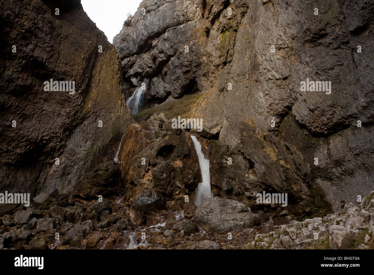 Waterfalls in gorge at Gordale Scar, near Malham, Yorkshire Dales ...