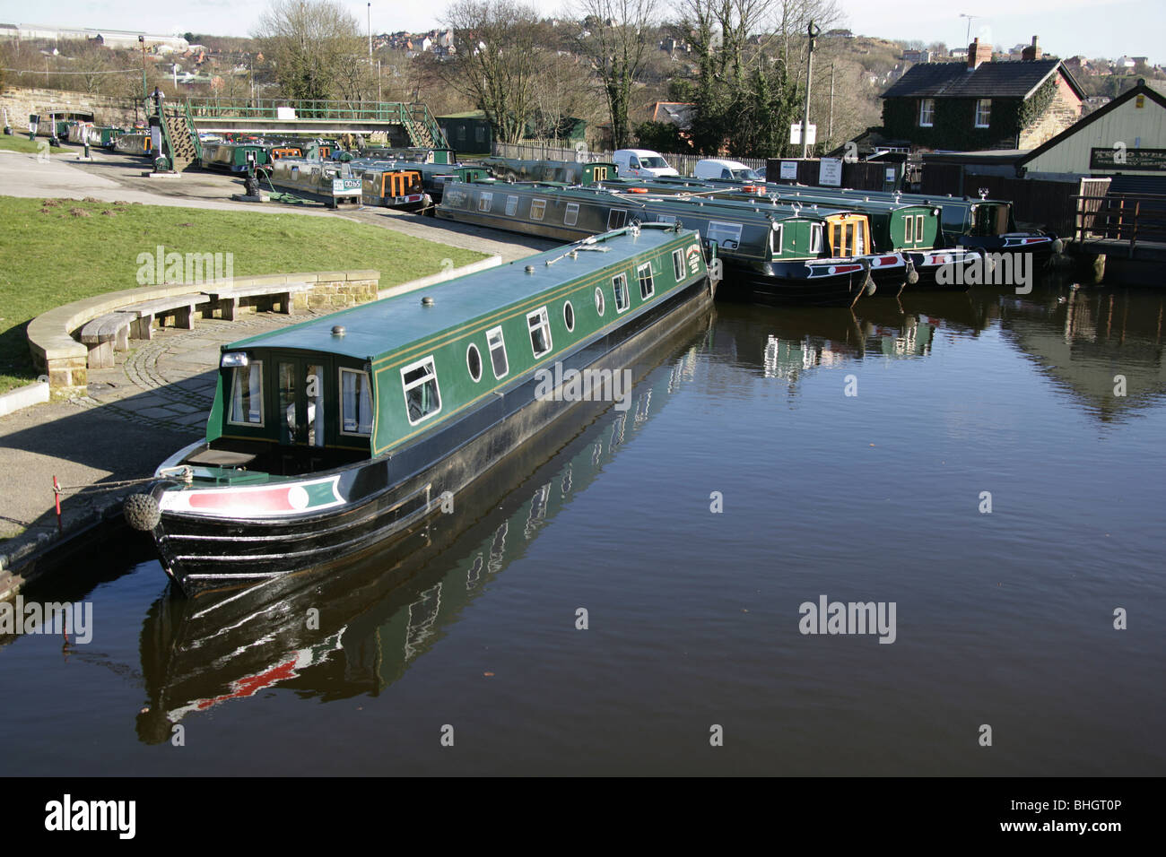 Village of Trevor, Wales. Picturesque view of canal boats berthed at ...