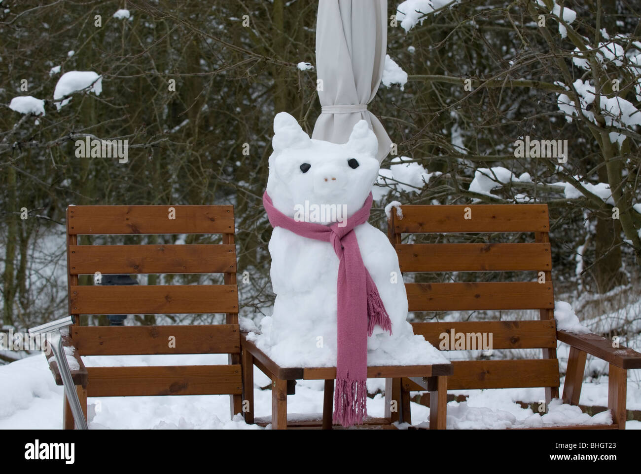Snow Piggy sitting on Bench Seat Stock Photo - Alamy