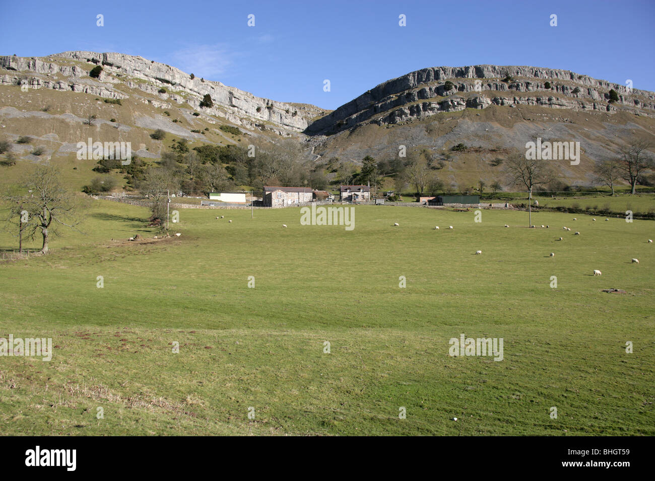The limestone escarpment of Eglwyseg Rocks viewed from Eglwyseg Valley ...
