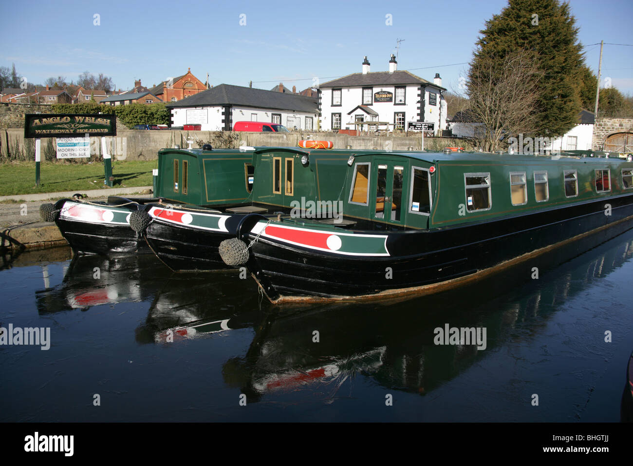 Village of Trevor, Wales. Picturesque view of canal boats berthed at ...