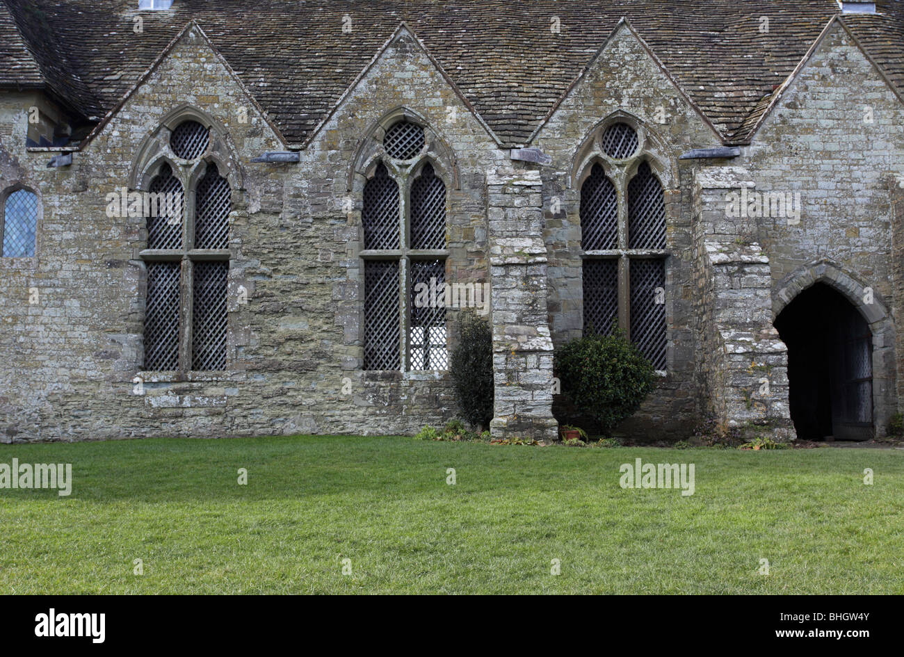 The buttressed east wall of the great hall at Stokesay Castle,the 13th ...