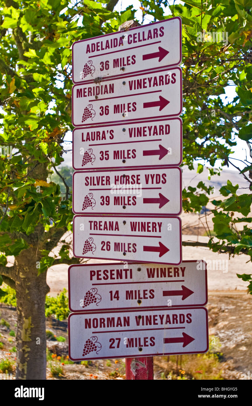 Wine tour sign with distances to wineries, Harmony, California Stock ...