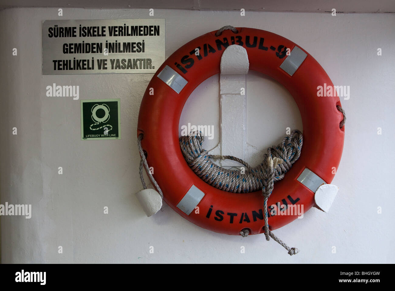 Life belt, interior of a ferry boat, Istanbul, Turkey, Mediterranean ...