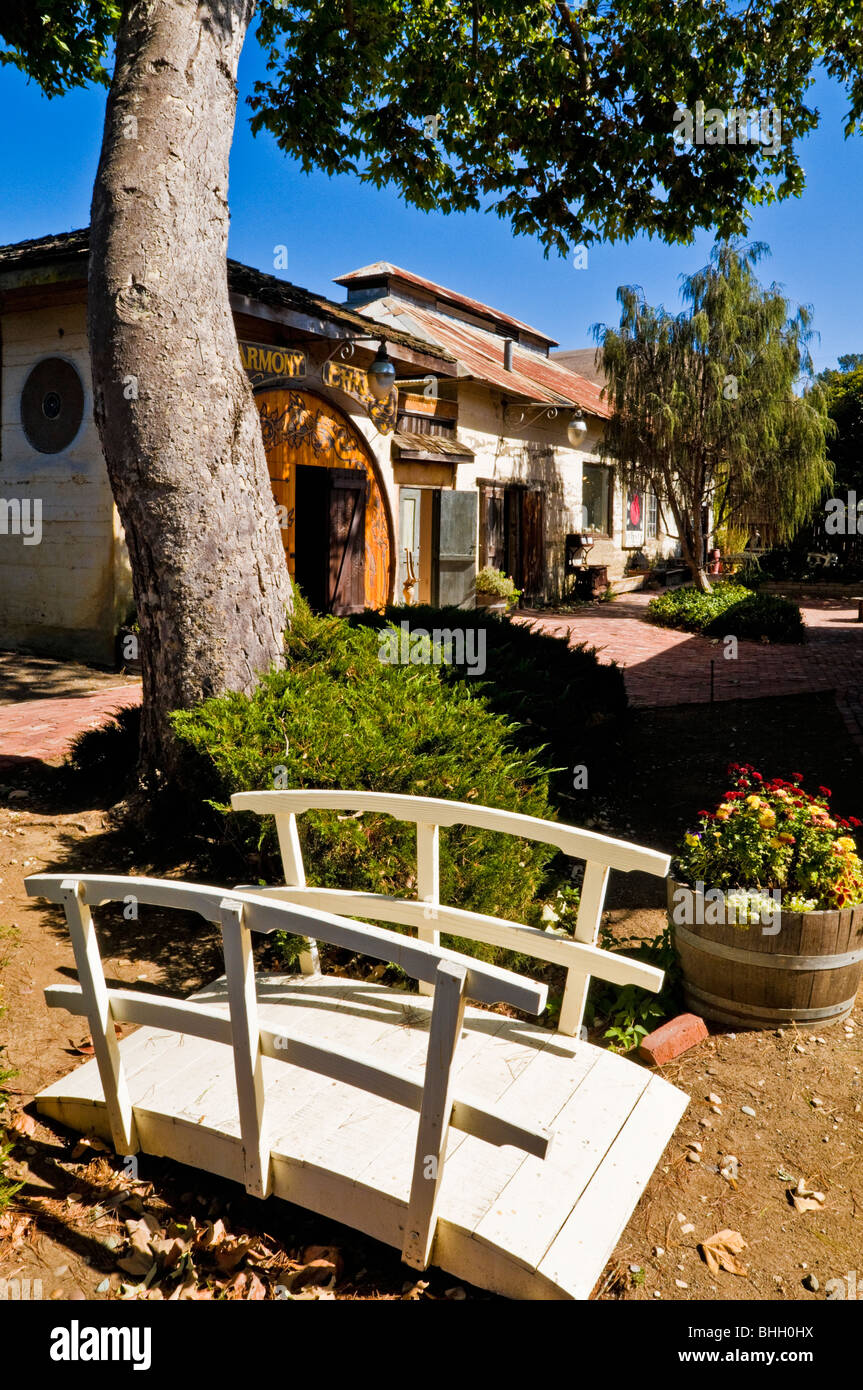Wooden bridge and the Harmony Chapel, Harmony, California Stock Photo ...