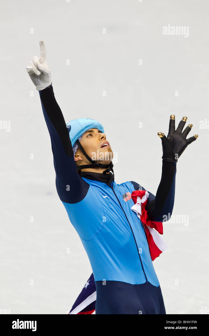 Apolo Anton Ohno (USA) after winning the silver medal in the 1500m Short Track Speed Skating at ...