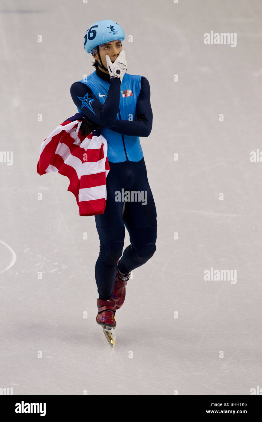 Apolo Anton Ohno (USA) after winning the silver medal in the 1500m Short Track Speed Skating at ...