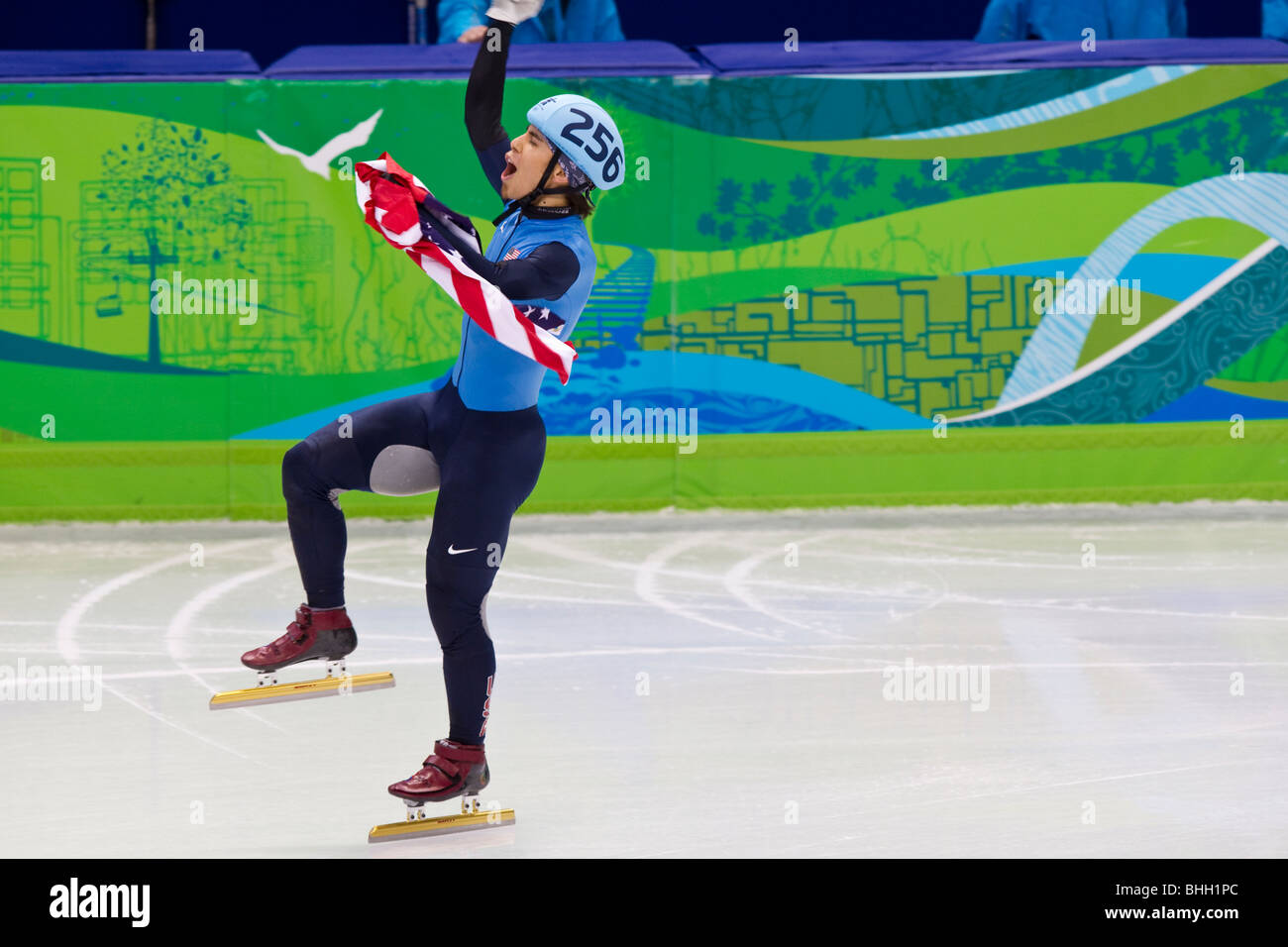 Apolo Anton Ohno (USA) after winning the silver medal in the 1500m Short Track Speed Skating at ...