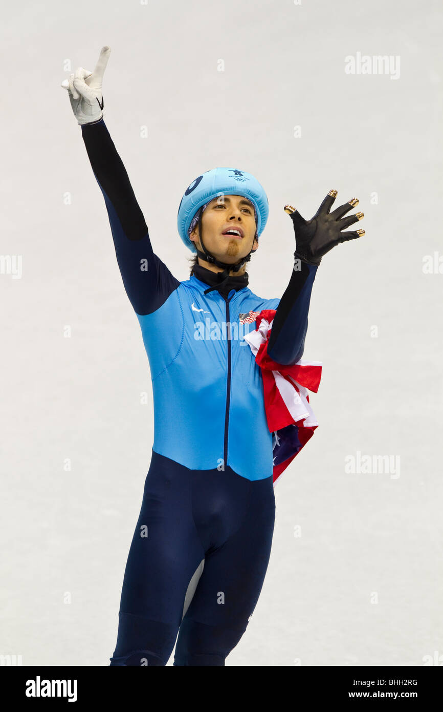 Apolo Anton Ohno (USA) after winning the silver medal in the 1500m Short Track Speed Skating at ...