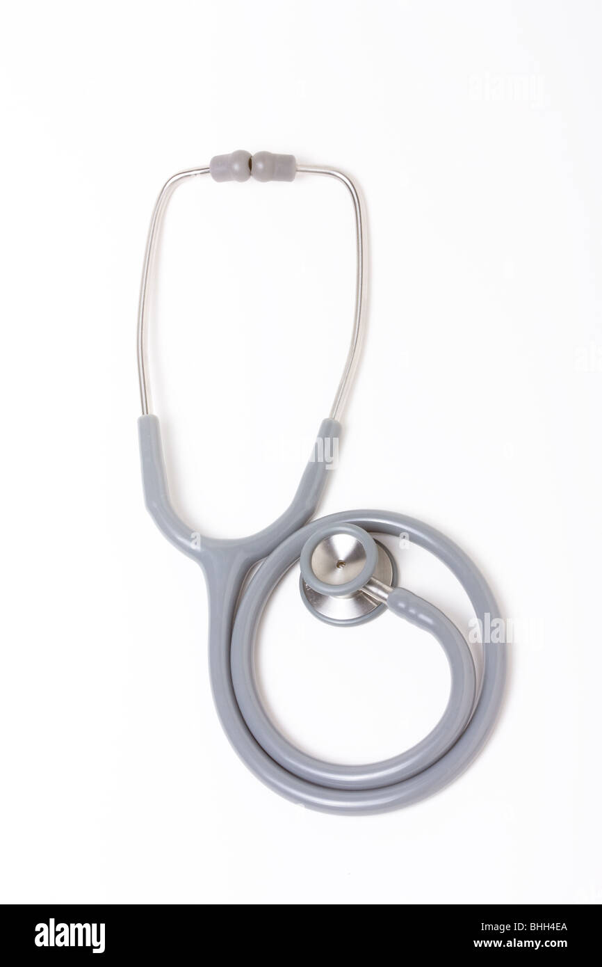 Doctors grey and silver stethoscope isolated against white background ...